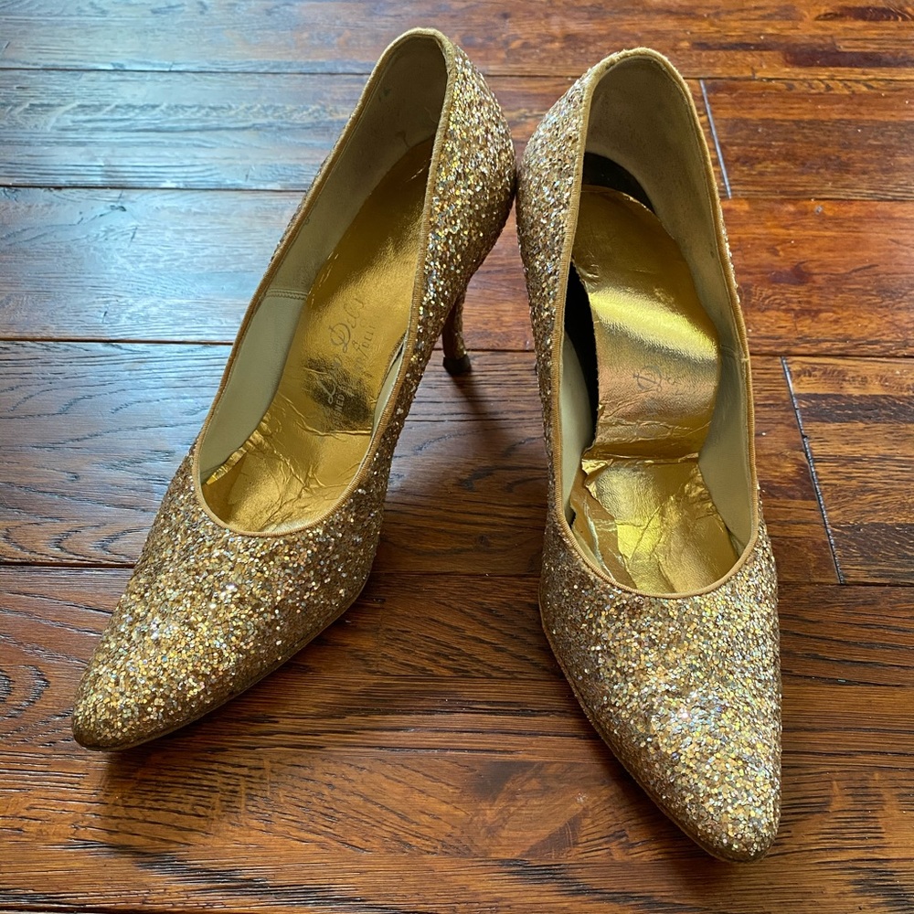 Vintage De Liso Debs High Heel Gold Glitter Pumps - Gem